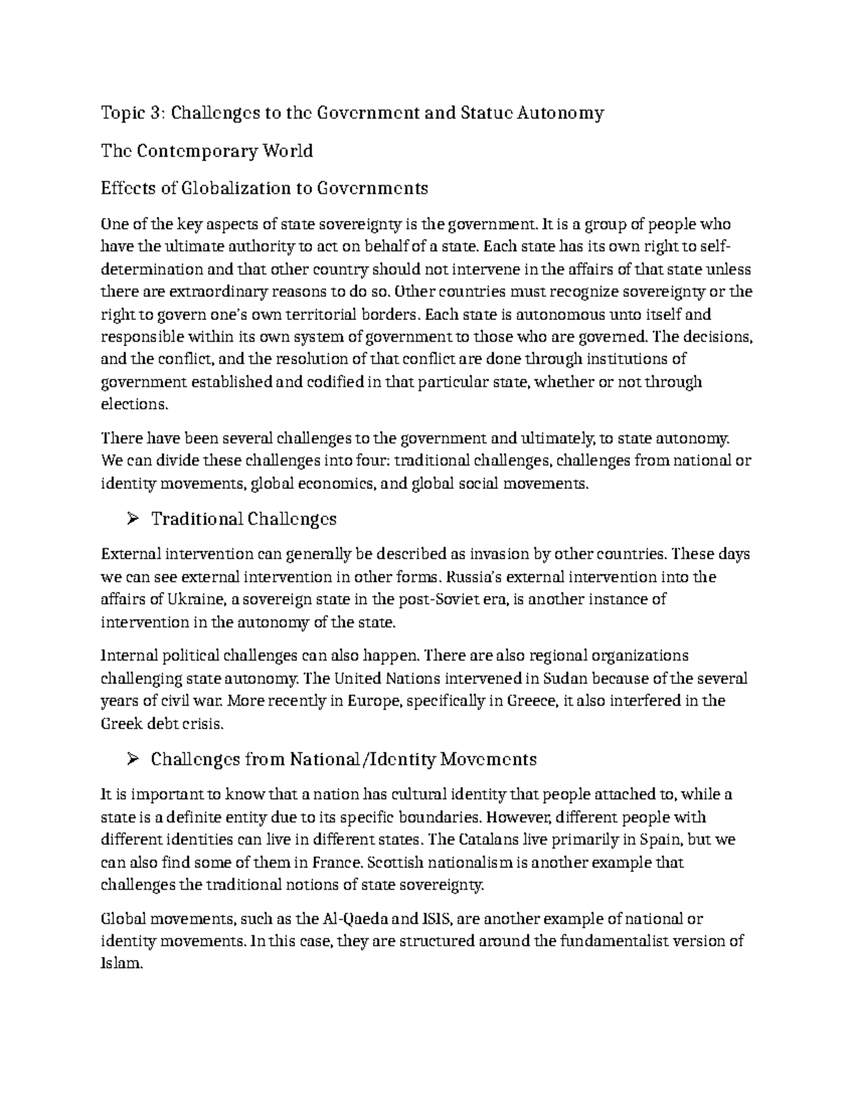 Government State Autonomy - Topic 3: Challenges to the Government and ...
