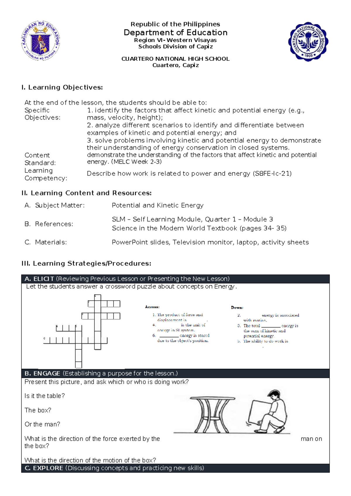 Lesson Plan in Potential and Kinetic Energy - Republic of the ...