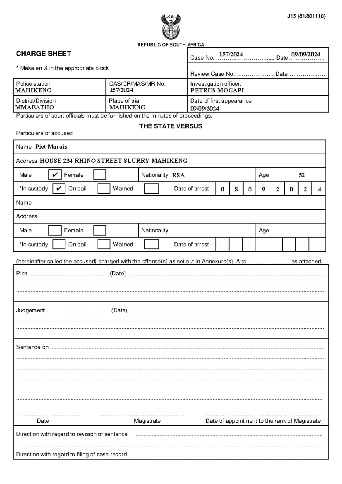 Charge Sheet and Annexture A - J15 (81/801118) REPUBLIC OF SOUTH AFRICA ...