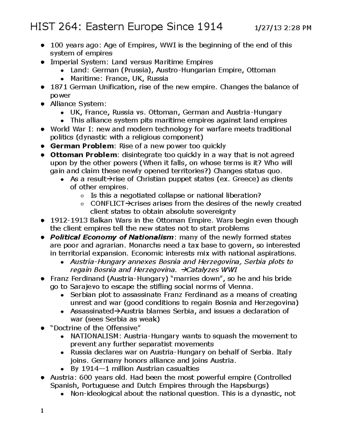 Lecture notes, all lectures - complete - HIST 264: Eastern Europe Since ...