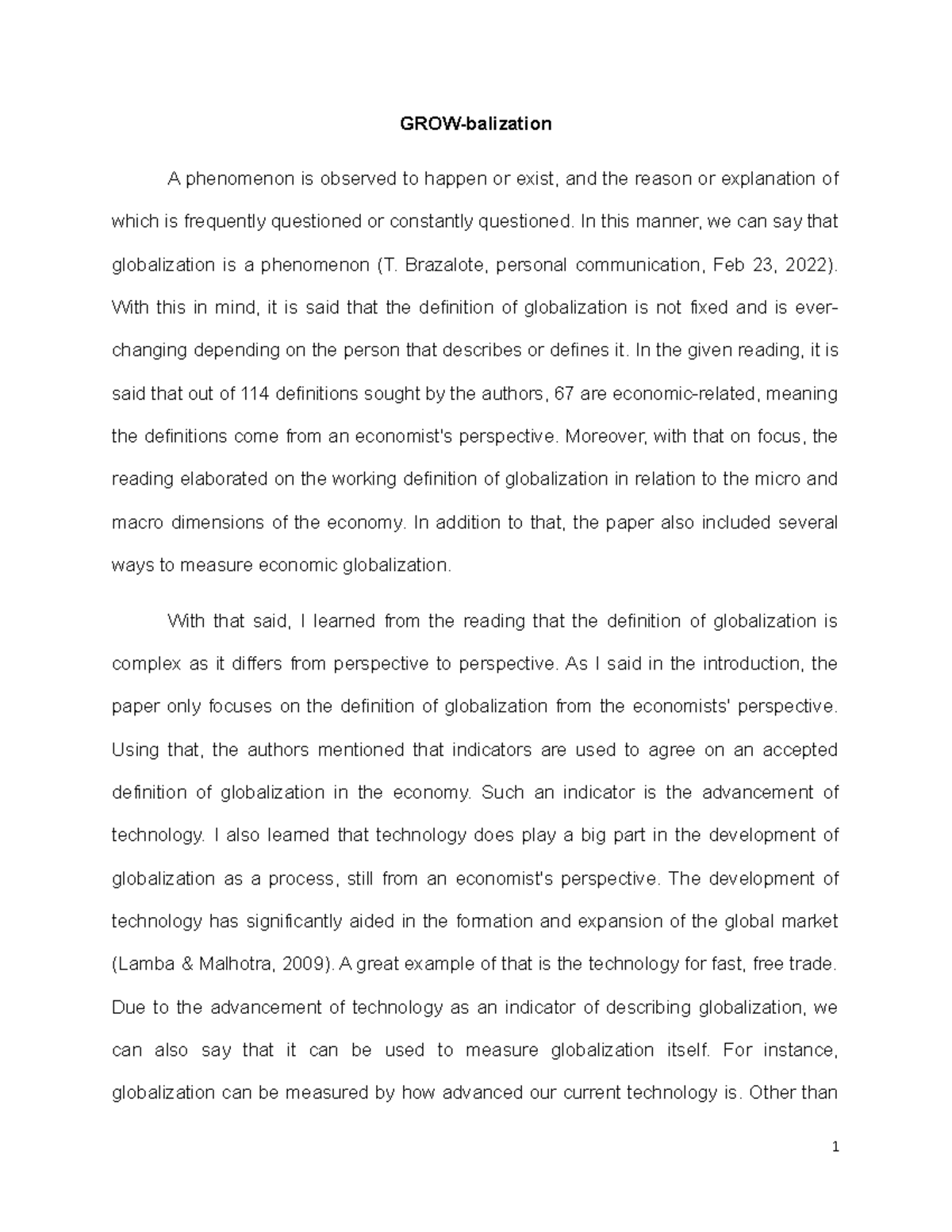 GED105 MRR1 - Introduction to Globalization: objective definition of ...