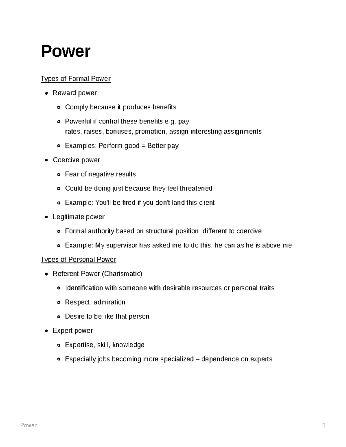 Power - detailed lecture notes - Power 1 Power Types of Formal Power ...