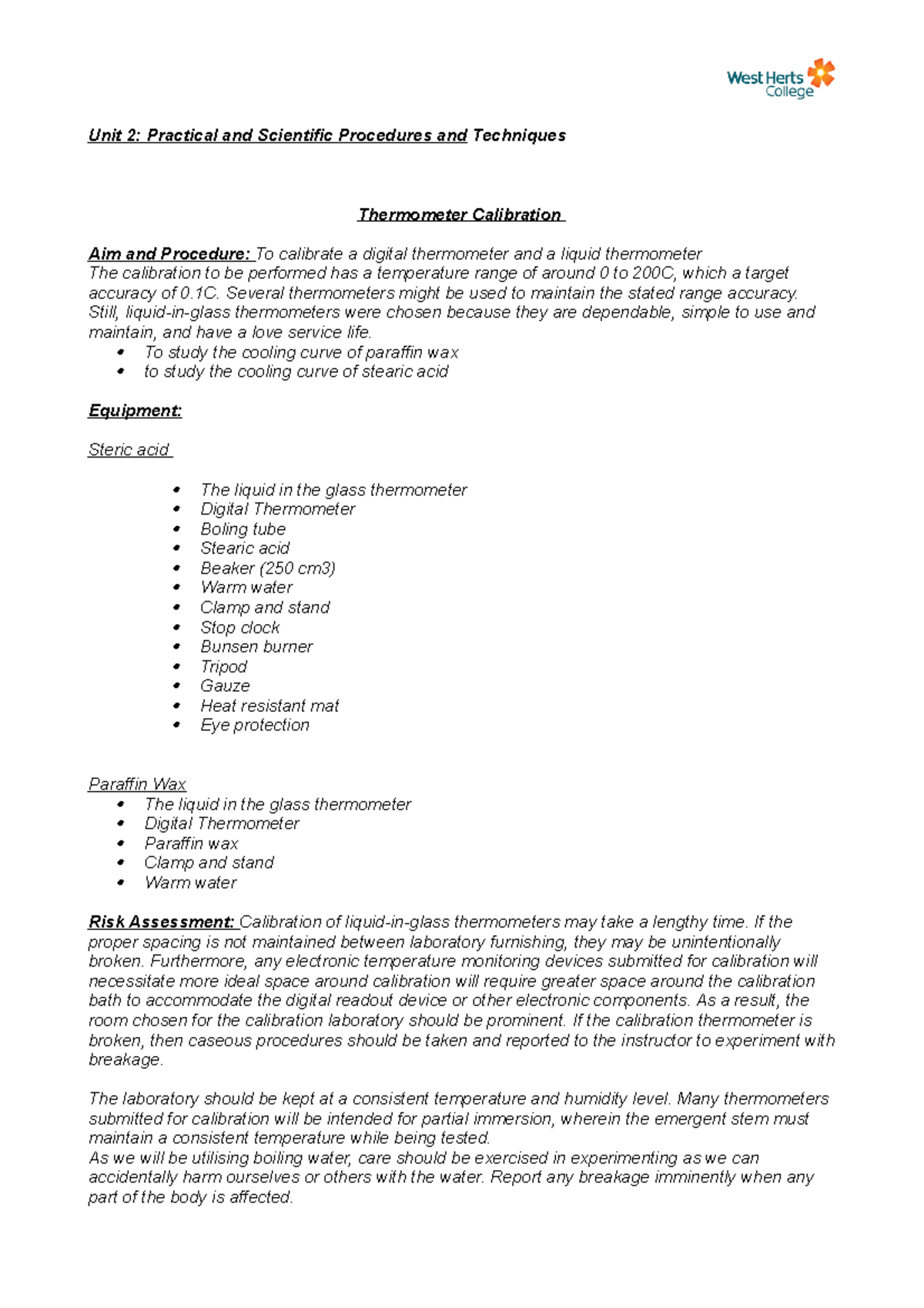 Unit 2 a 2 calibration - Unit 2: Practical and Scientific Procedures ...