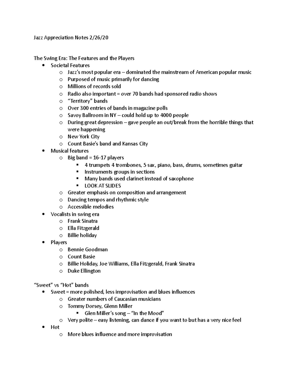 Jazz Appreciation Notes 2:26:20 - Jazz Appreciation Notes 2/26/ The ...