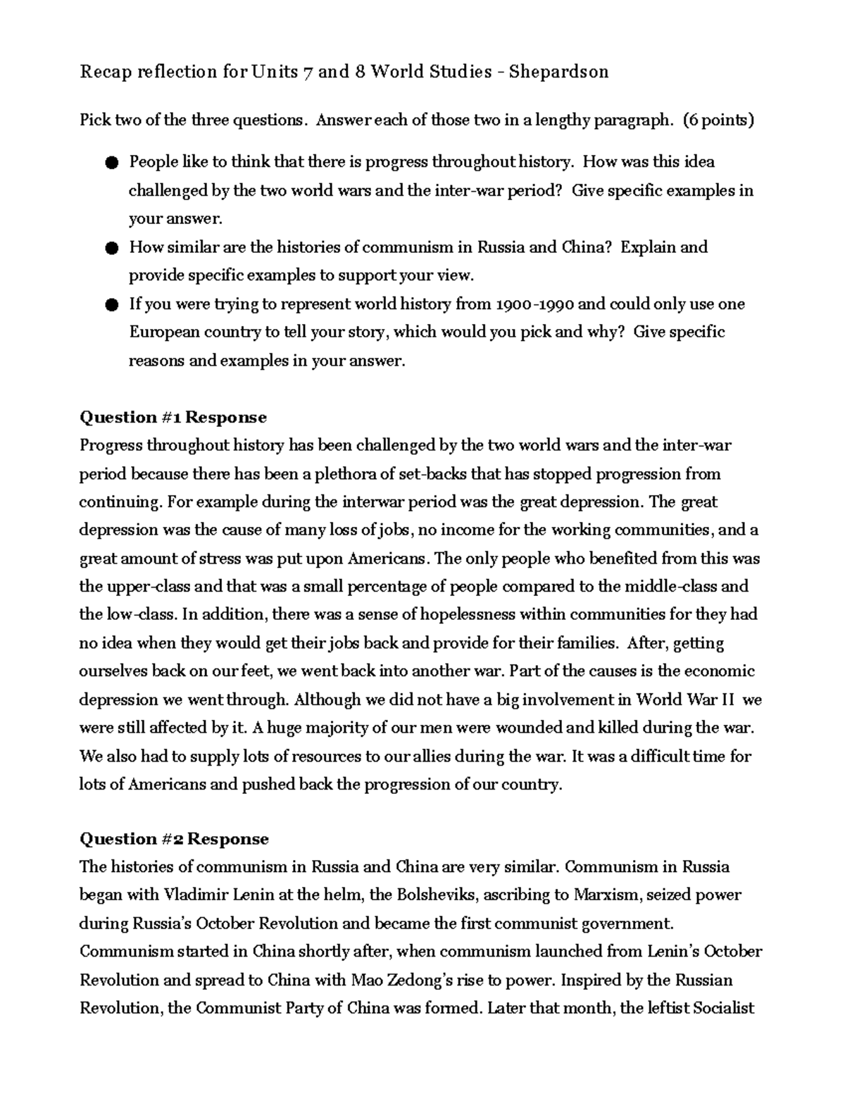 Recap reflection - notes - Recap reflection for Units 7 and 8 World ...