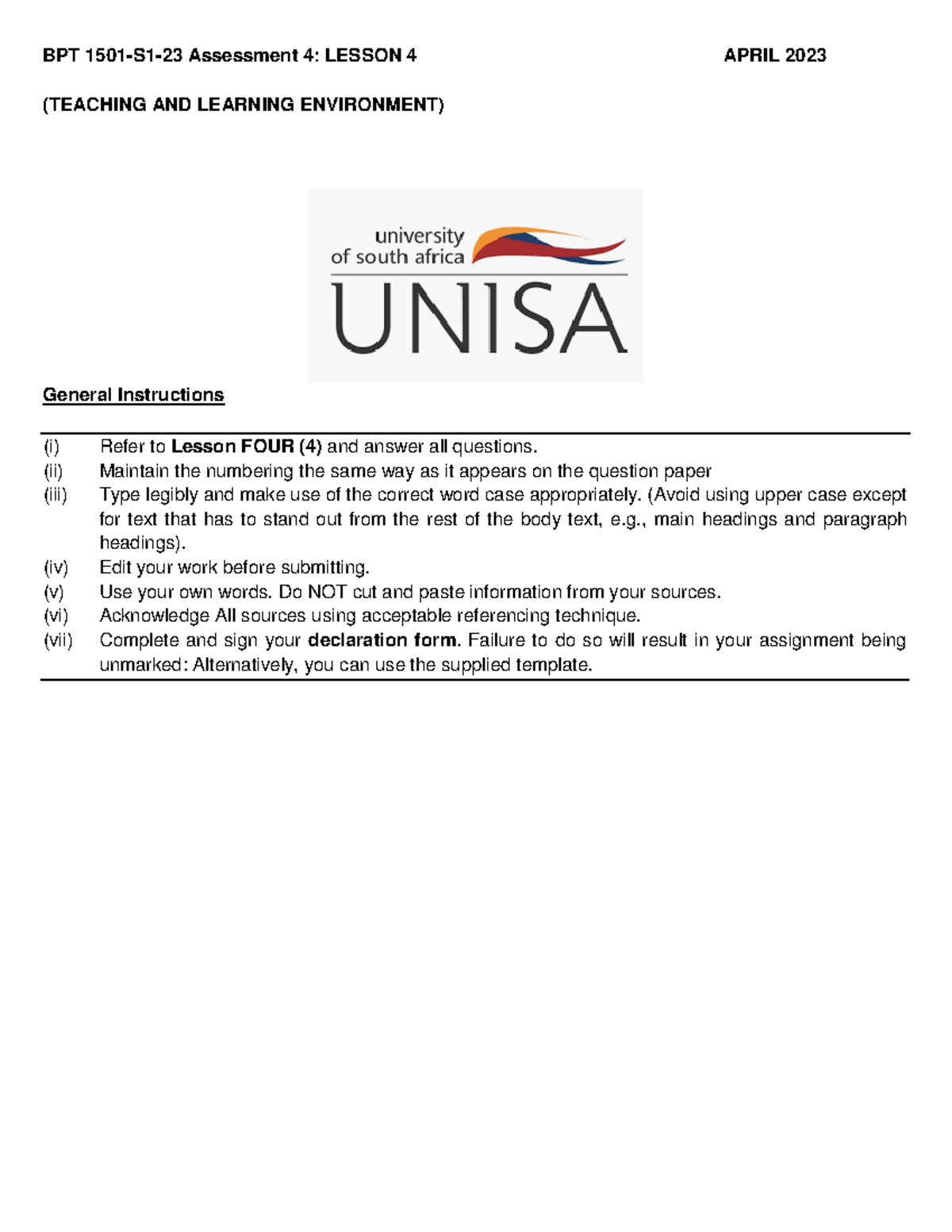 Assignment 4 - BPT 1501-S1-23 Assessment 4: LESSON 4 APRIL 2023 ...