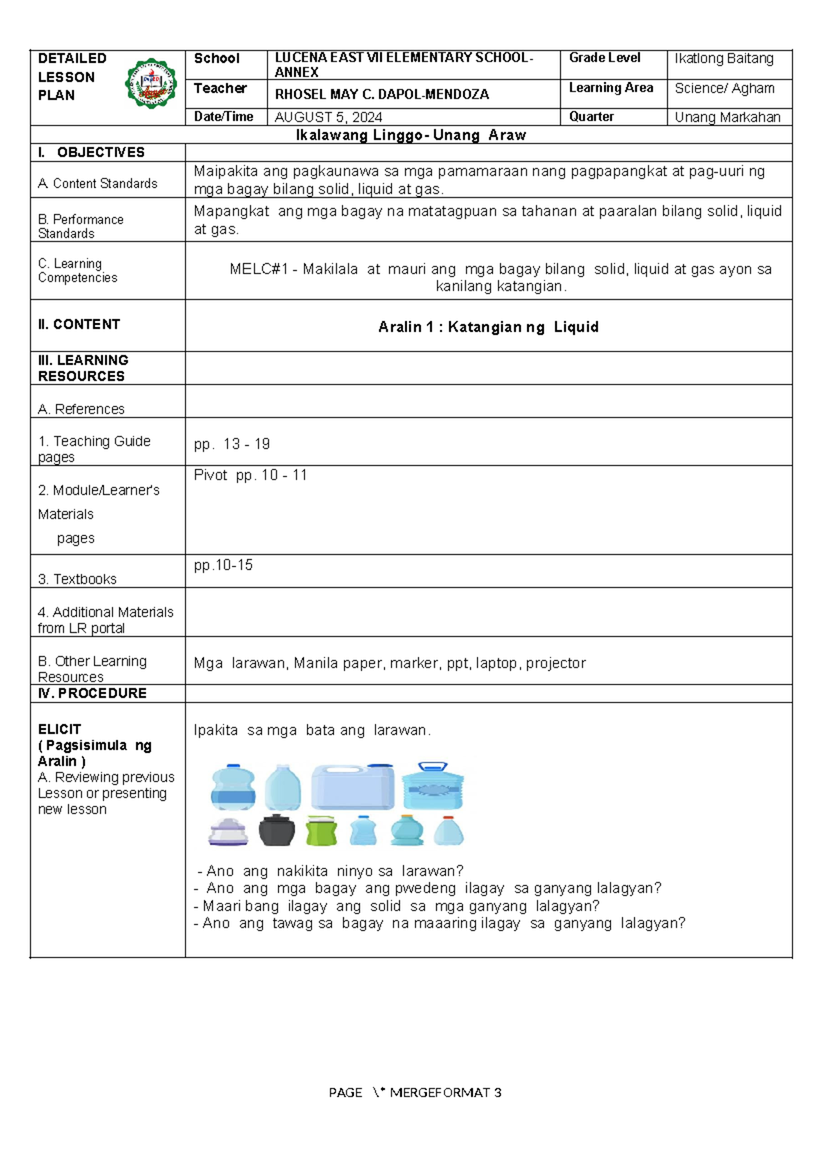 Science 3 DLP Q1 WEEK2 - Quizzes and lesson plans - DETAILED LESSON ...