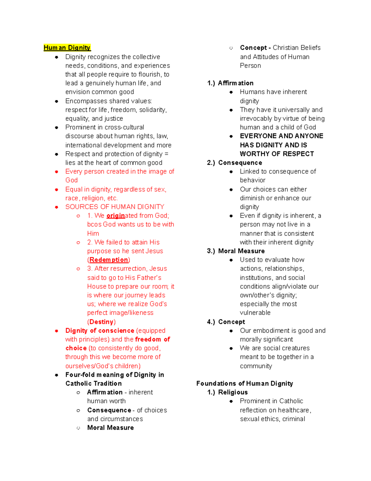 THEO 2 - Lecture notes - Human Dignity Dignity recognizes the ...