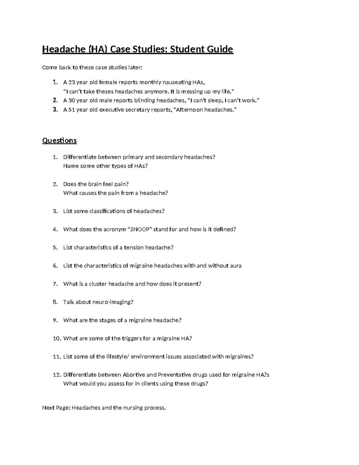 Headache case study student - Headache (HA) Case Studies: Student Guide ...