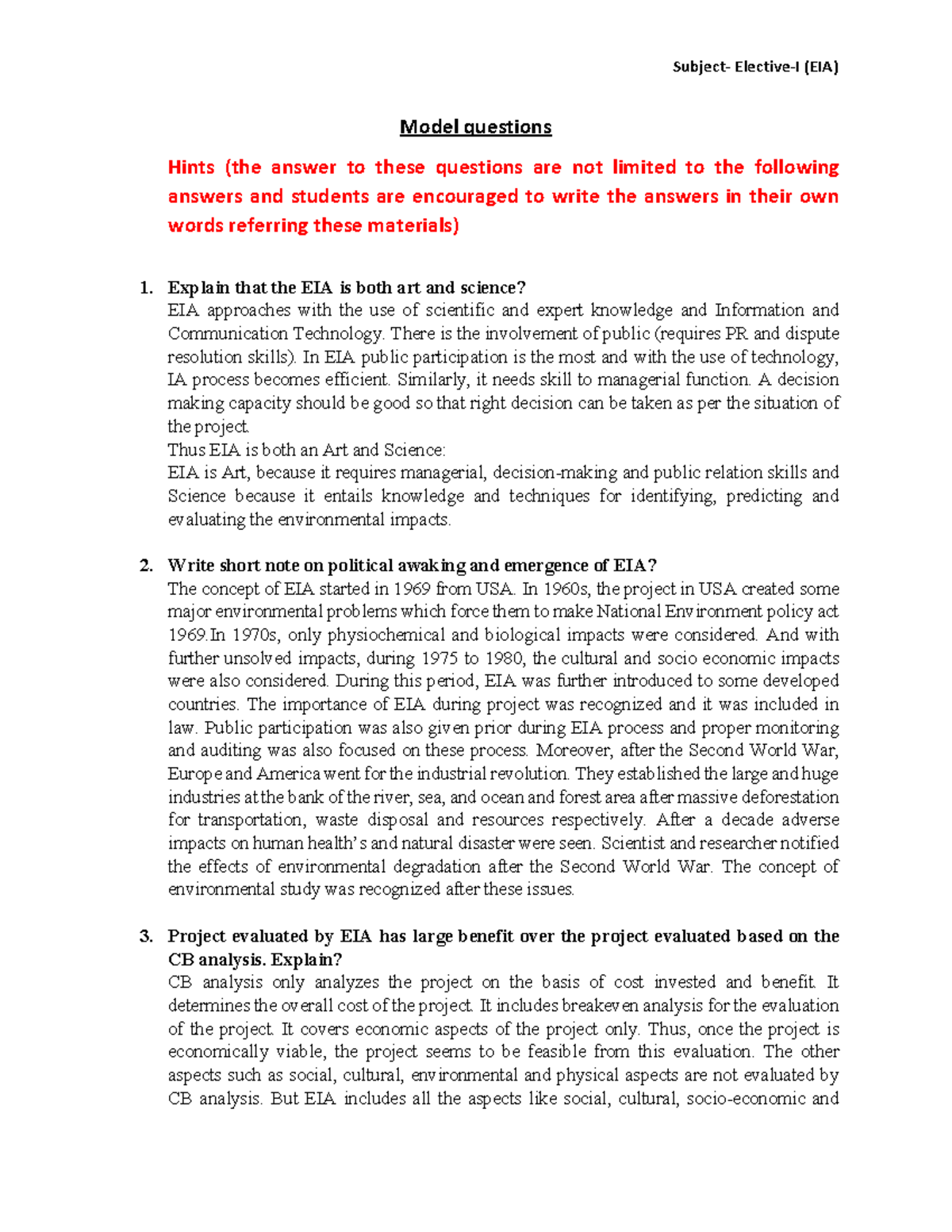 EIA lecture model questions and answers - Model questions Hints (the ...