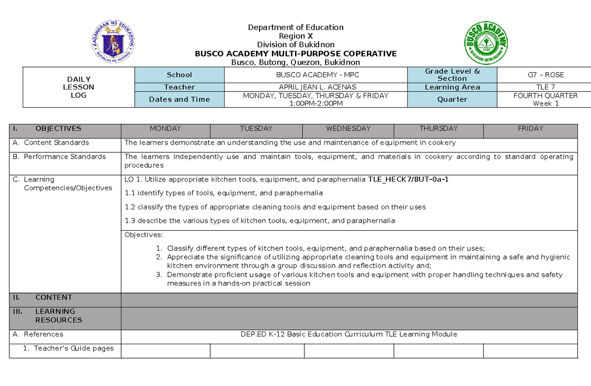 TLE-7-Q3-WEEK-8-DLL 093959 - Department of Education Region X Division ...