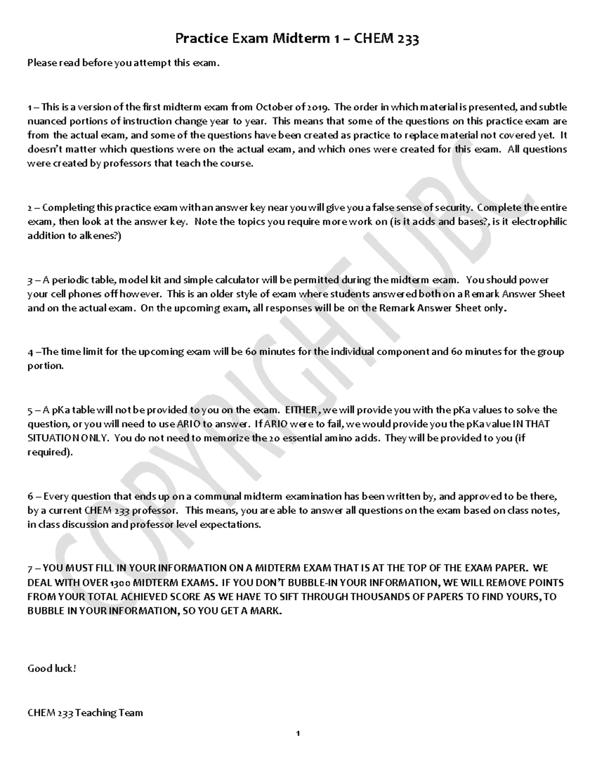 Mt1 - 2019 answers - Practice Exam Midterm 1 – CHEM 233 Please read before you attempt this exam ...