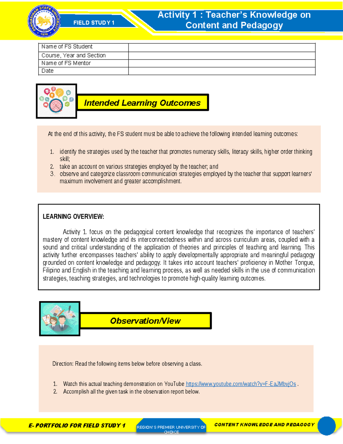 FS1 Activity 1 Social Studies - ####### FIELD STUDY 1 E- PORTFOLIO FOR ...