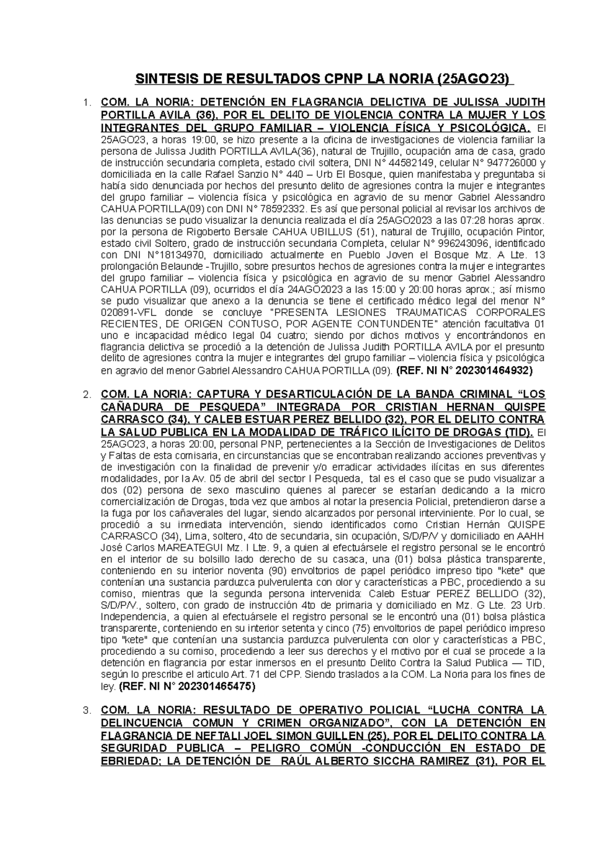 25AGO23 Sintesis DE Resultados CPNP LA Noria - SINTESIS DE RESULTADOS ...