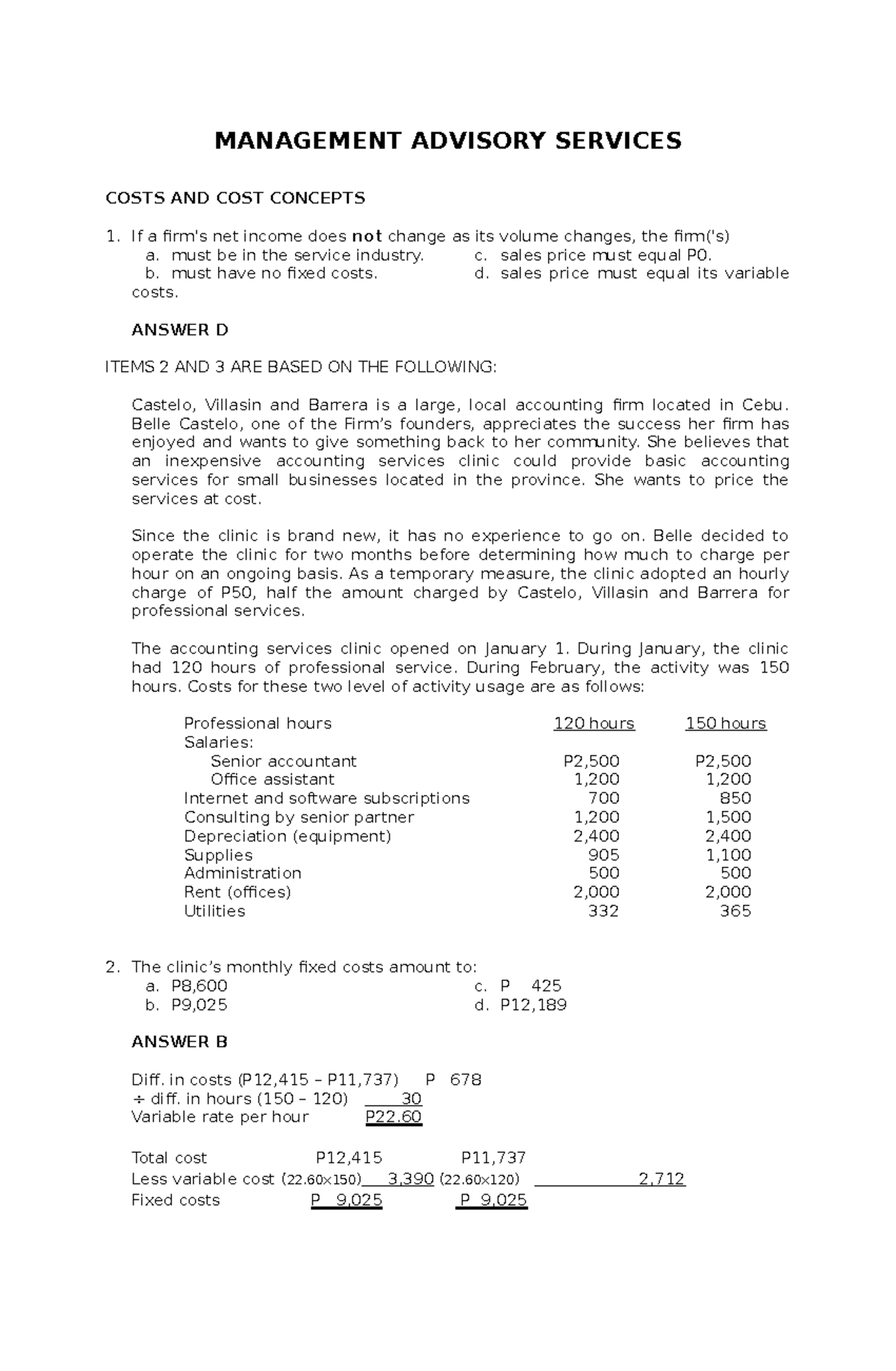 Doc - Lecture notes all - MANAGEMENT ADVISORY SERVICES COSTS AND COST ...