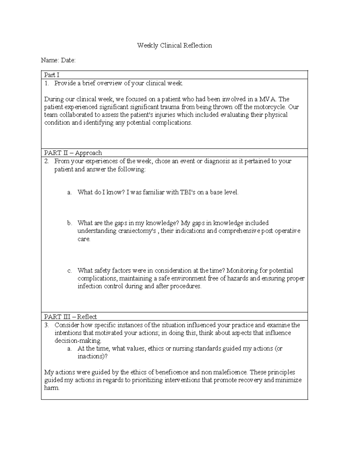 Eample of Weekly Clinical Reflection - Weekly Clinical Reflection Name ...