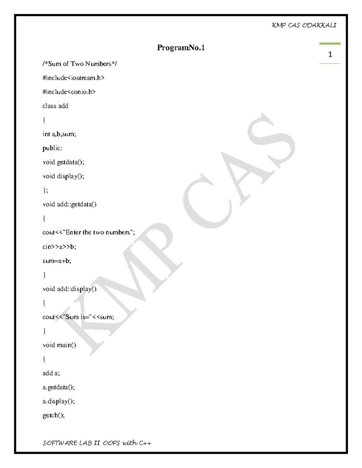 C Programs Print Summary Bachelor Of Computer Applications 1 Programno Sum Of Two 