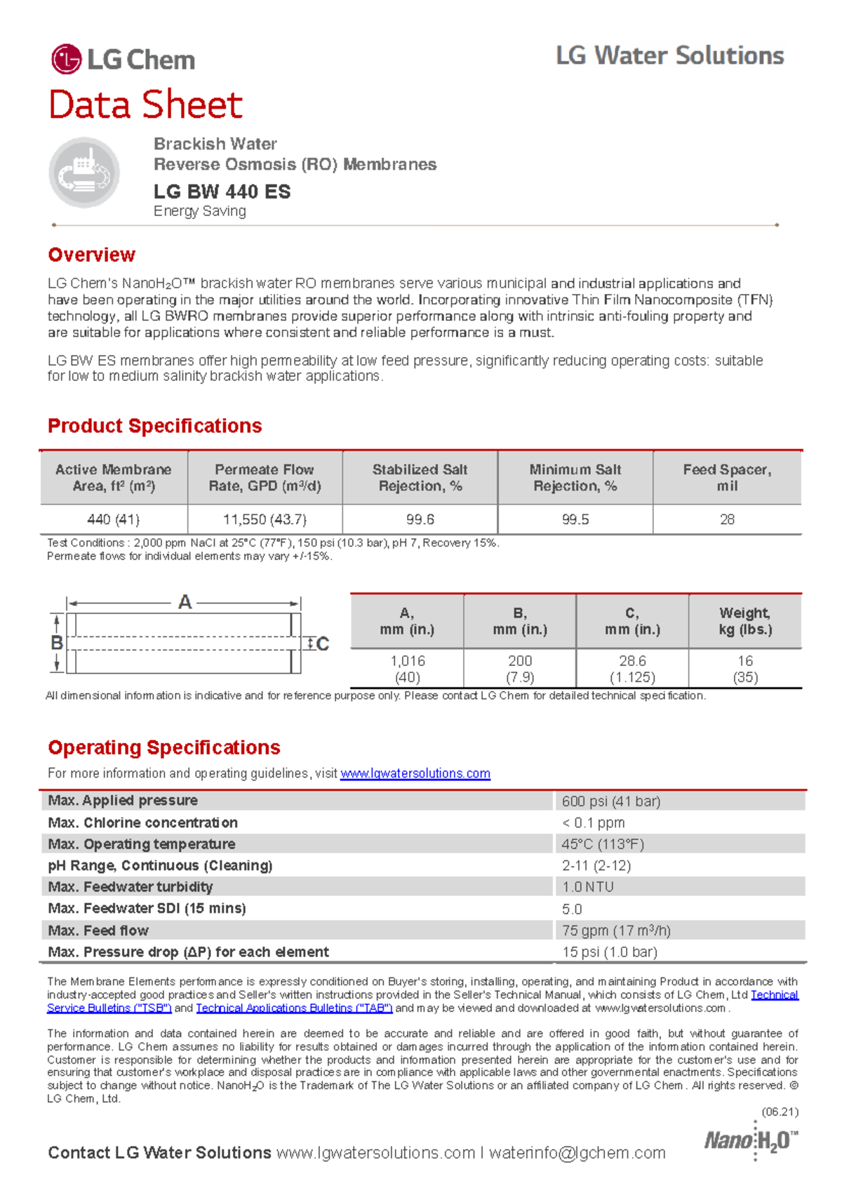 Datasheet LG BW 440 ES ENG - Data Sheet Brackish Water Reverse Osmosis (RO) Membranes LG BW 4 40 ...