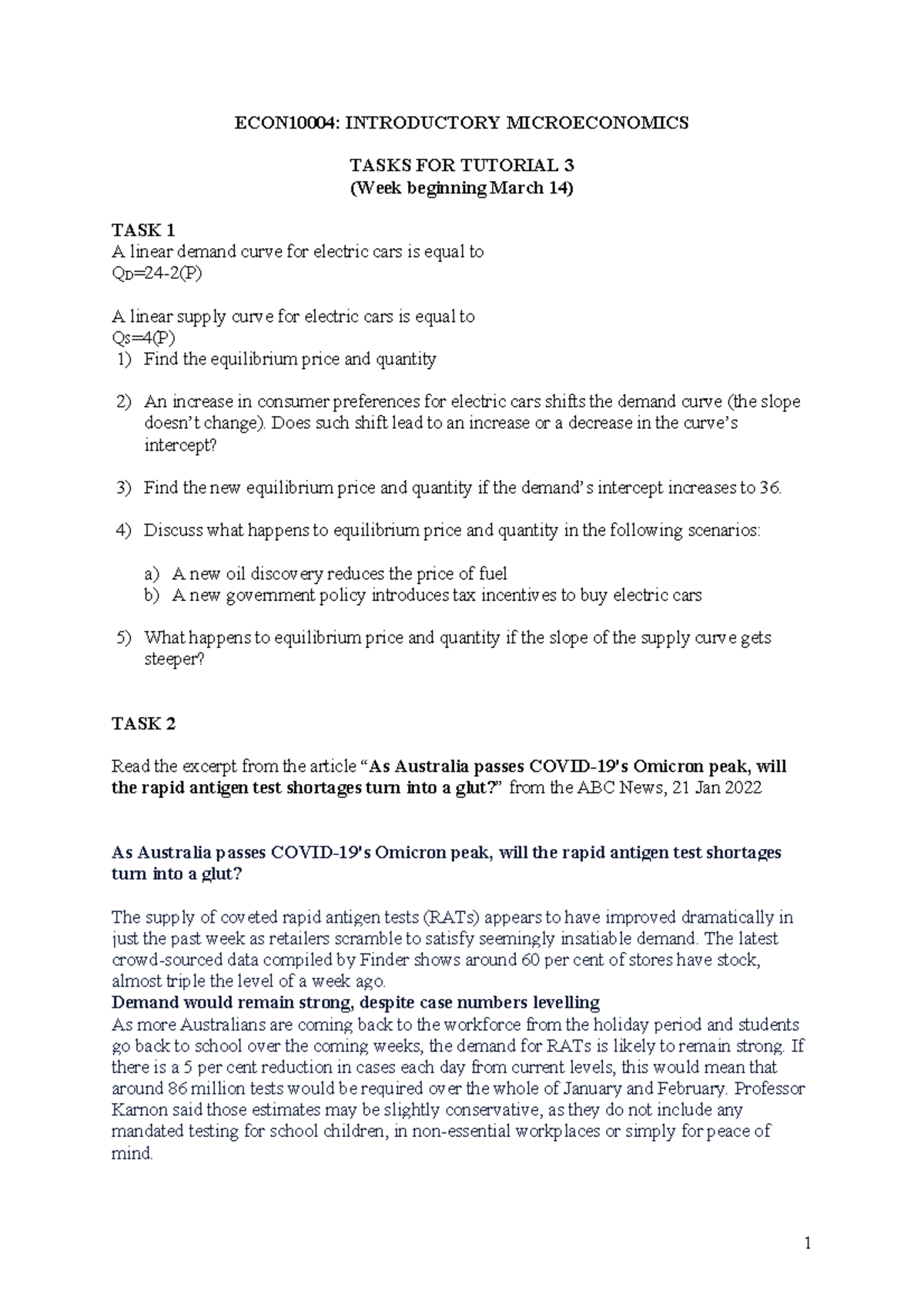 Week 3 In Tutorial Questions 1 Econ10004 Introductory Microeconomics Tasks For Tutorial 3