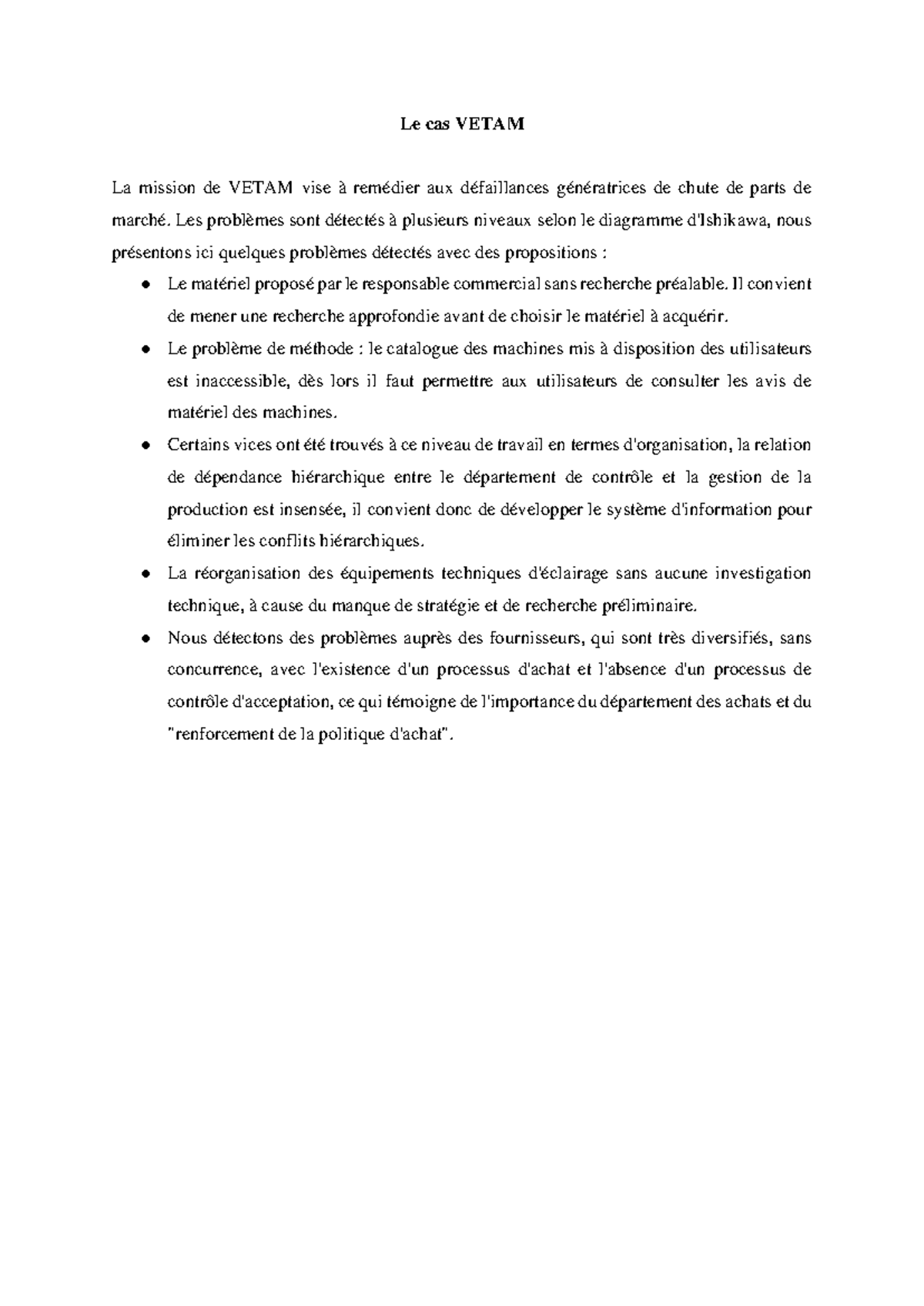 Le cas Vetam - Notes de cours - Le cas VETAM La mission de VETAM vise à ...