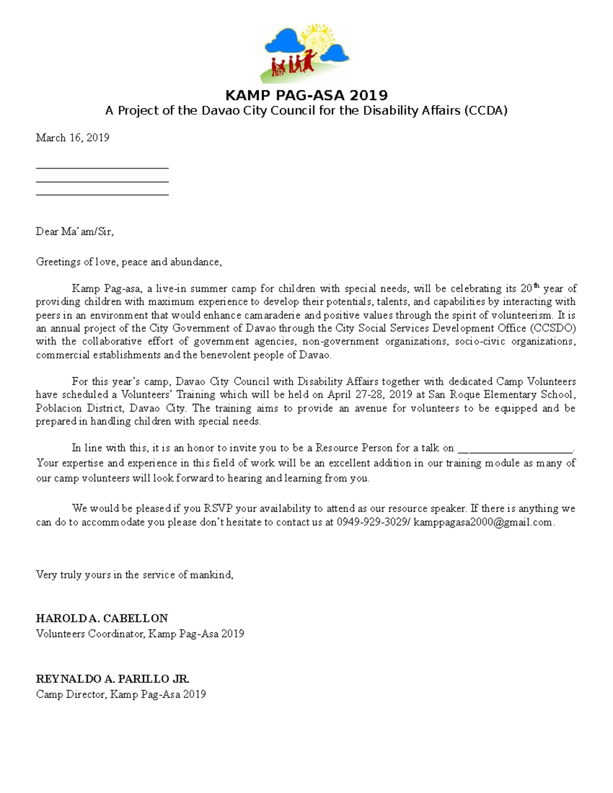 Kp Letter of Invitation - KAMP PAG-ASA 2019 A Project of the Davao City ...