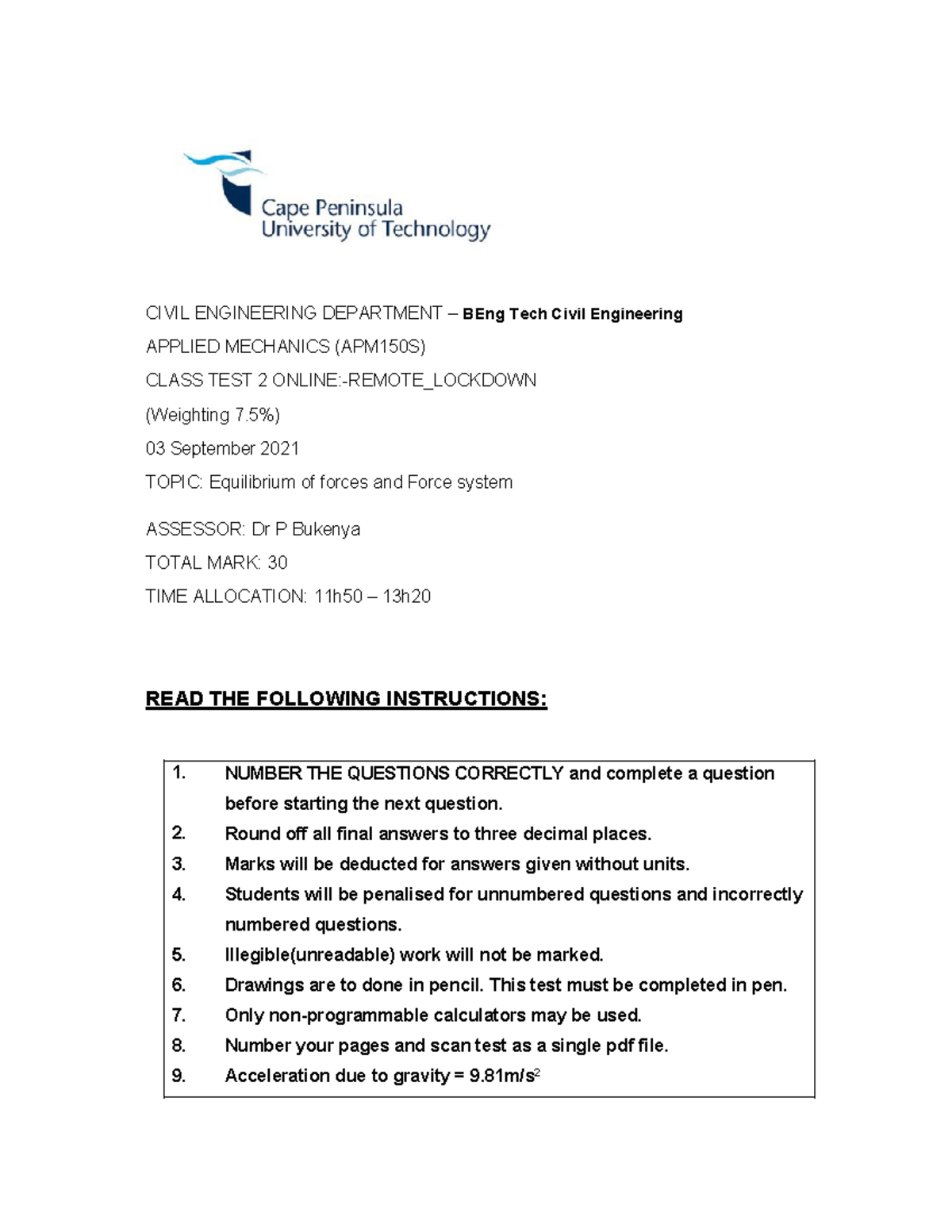 Test 2 - test - CIVIL ENGINEERING DEPARTMENT – BEng Tech Civil ...