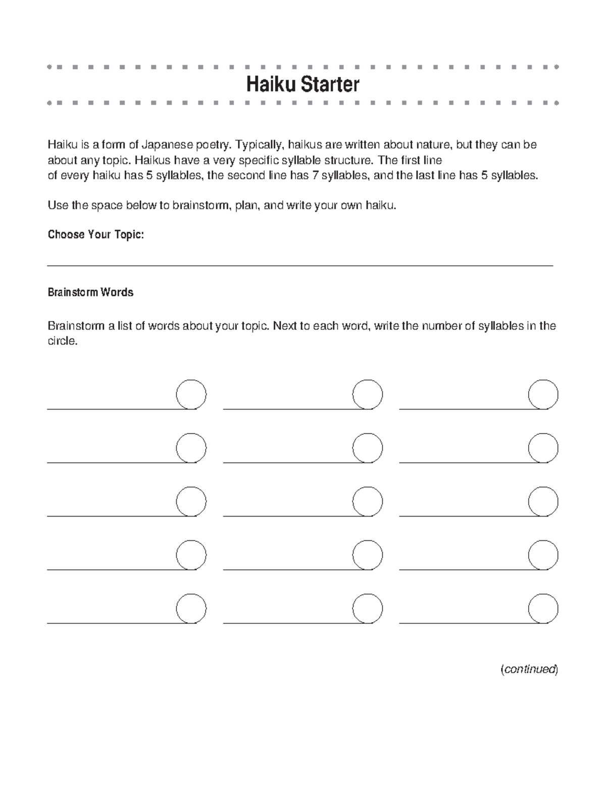 Haiku Writing - Haiku Starter Haiku is a form of Japanese poetry ...