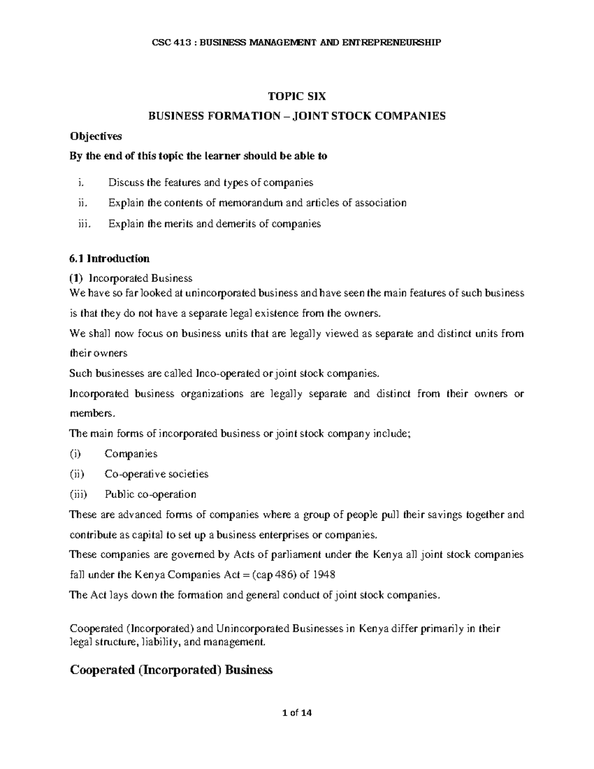 Lesson 6 CSC 413 - n/a - TOPIC SIX BUSINESS FORMATION – JOINT STOCK ...