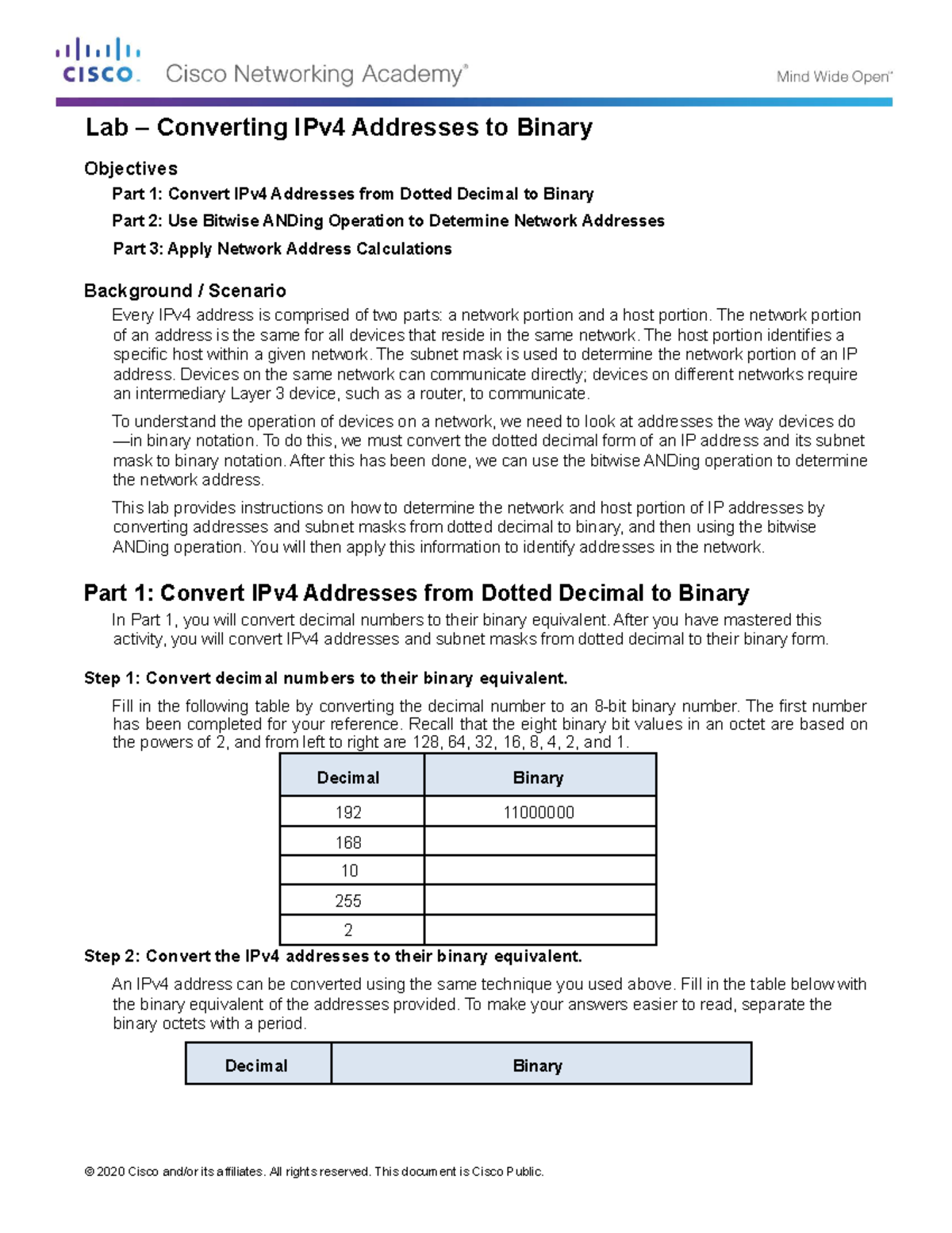 Lab 1.1 Converting IPv4 Addresses to Binary - Objectives Part 1: Convert IPv4 Addresses from ...