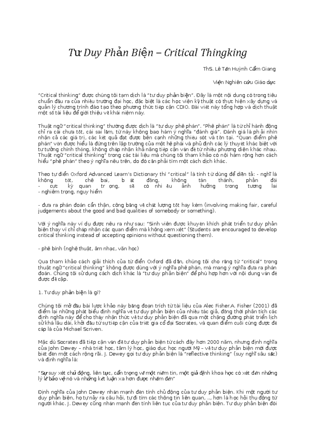 Tư Duy Phản Biện – Critical Thingking - T u Duy Ph n Bi n – Critical Thingkinga ẹ ThS. Lê T ấn ...