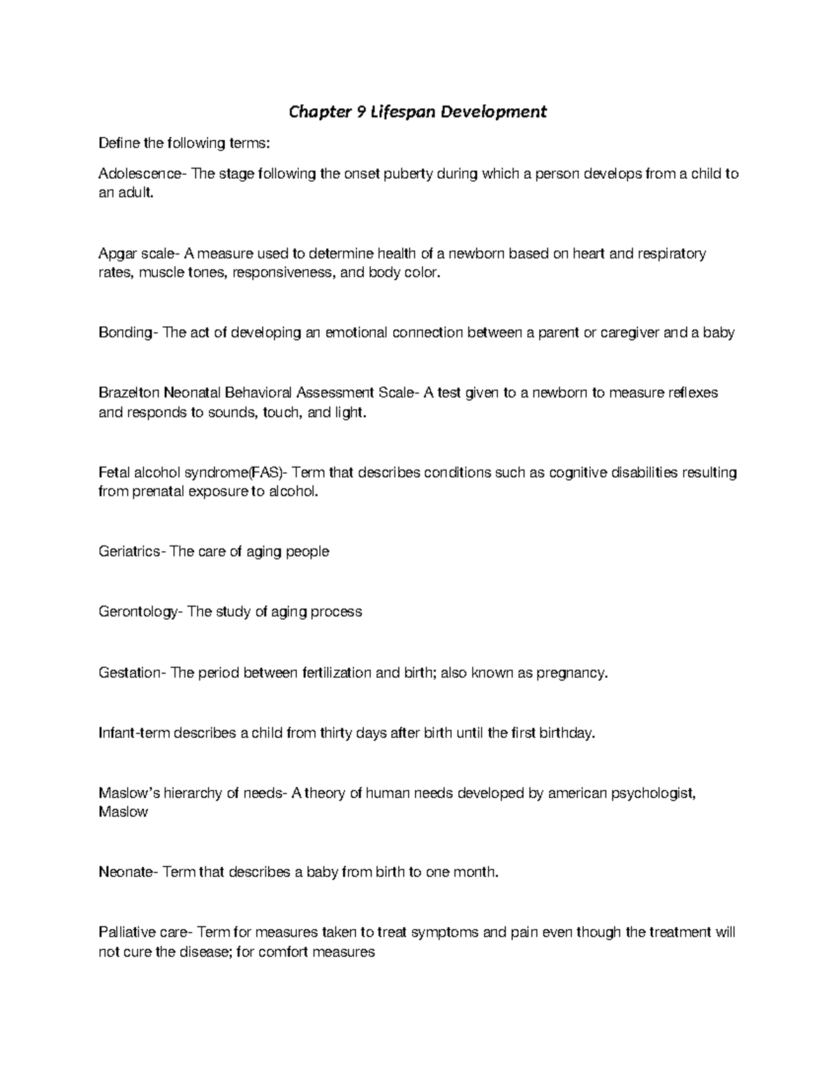 Review 2Vocabularyfor Chapter 9Lifespan Development - Chapter 9 Lifespan Development Define the ...