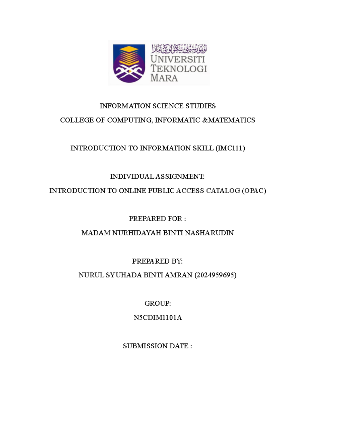 IMC111 Assignment - Introduction to information skill - INFORMATION ...