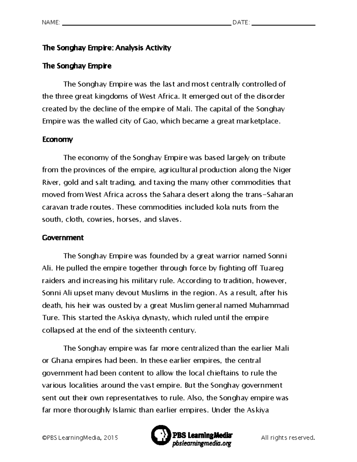 Student Songhai Empire Analysis - NAME: DATE: The Songhay Empire ...