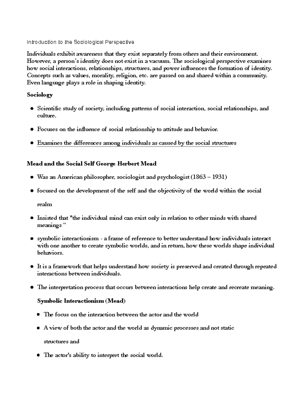 Introduction to the Sociological Perspective - Understanding the Self ...