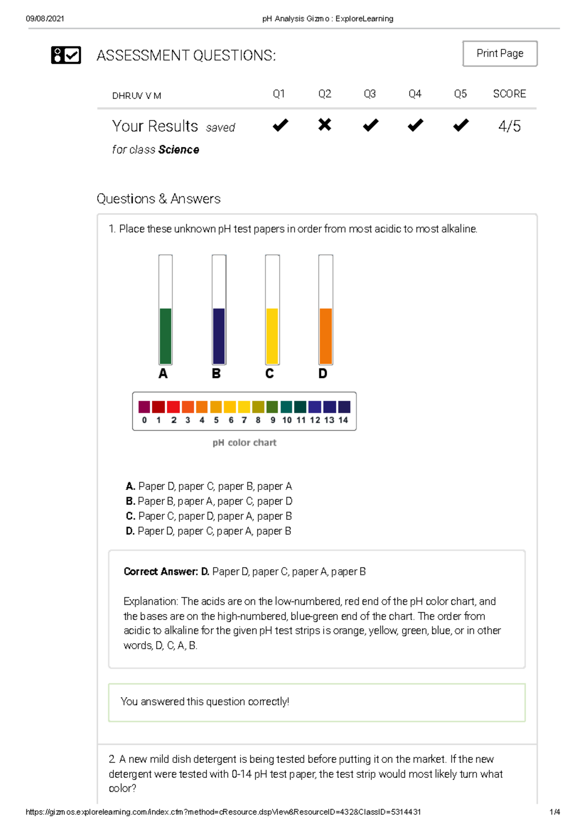 P H Analysis Gizmo test - ASSESSMENT QUESTIONS: Print Page DHRUV V M Q1 ...