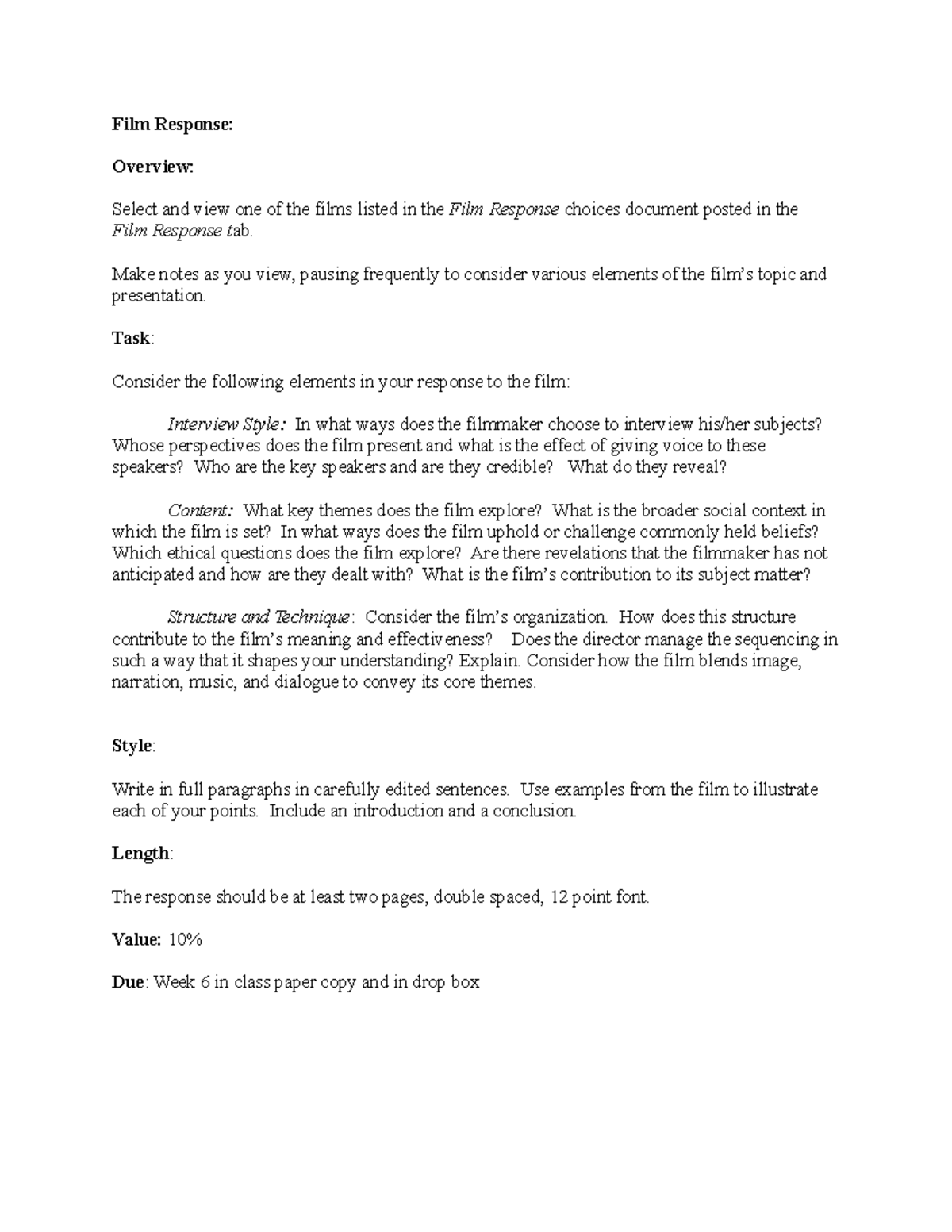 Film Response Guidelines - Film Response: Overview: Select and view one ...