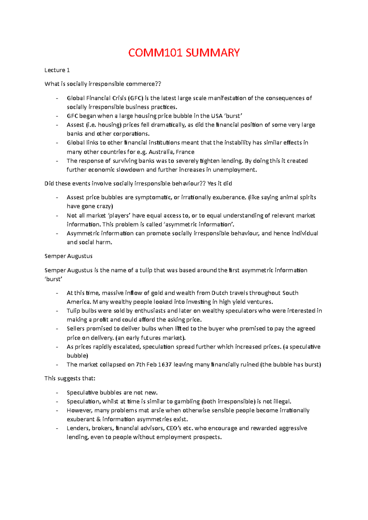 COMM101 Summary - Lecture notes 1-12 - COMM101 SUMMARY Lecture 1 What ...
