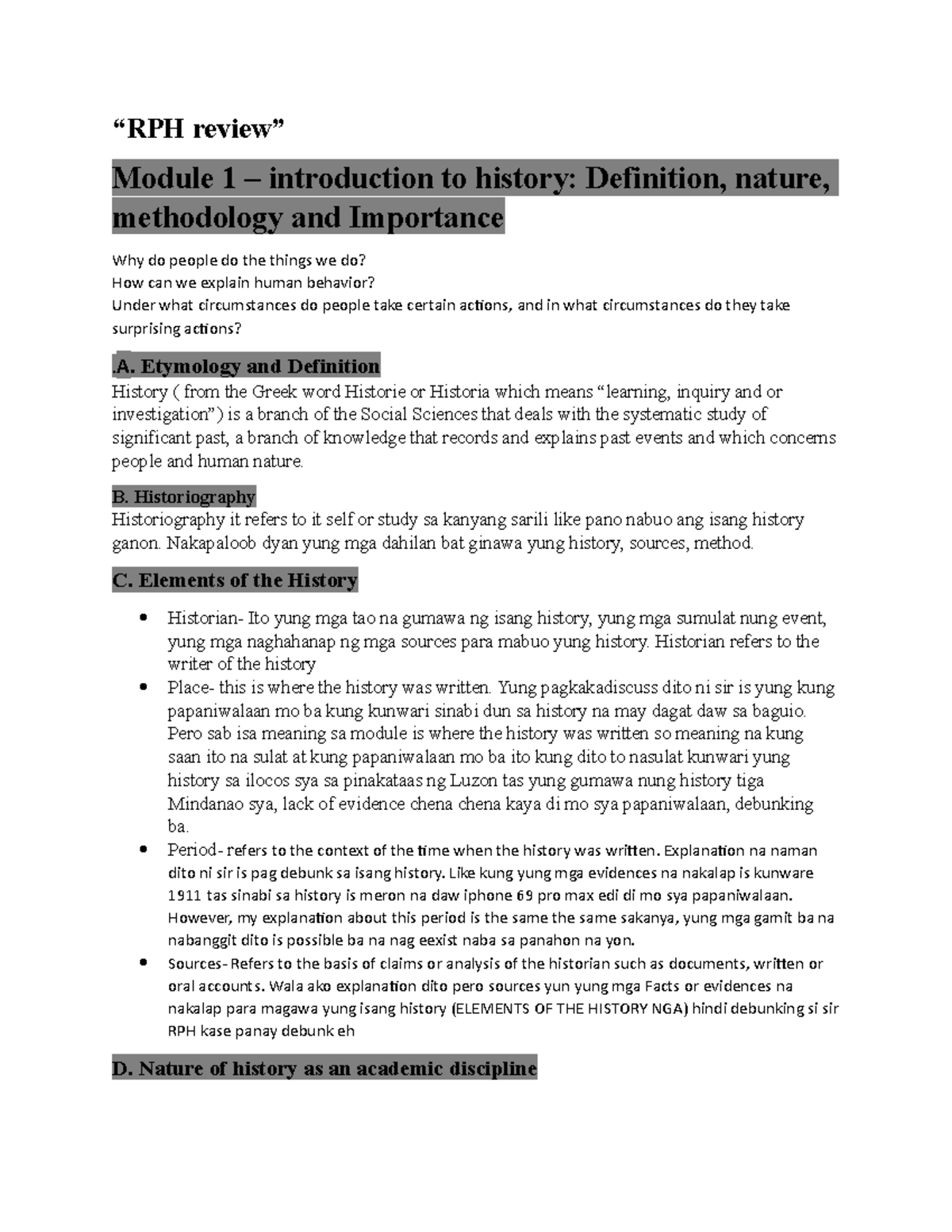 RPH-review - Reviewer - “RPH review” Module 1 – introduction to history ...
