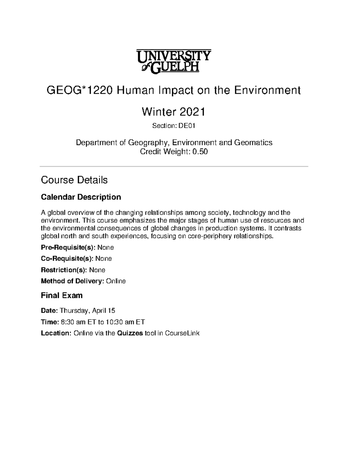 GEOG 1220 outline - GEOG*1220 Human Impact on the Environment Winter ...