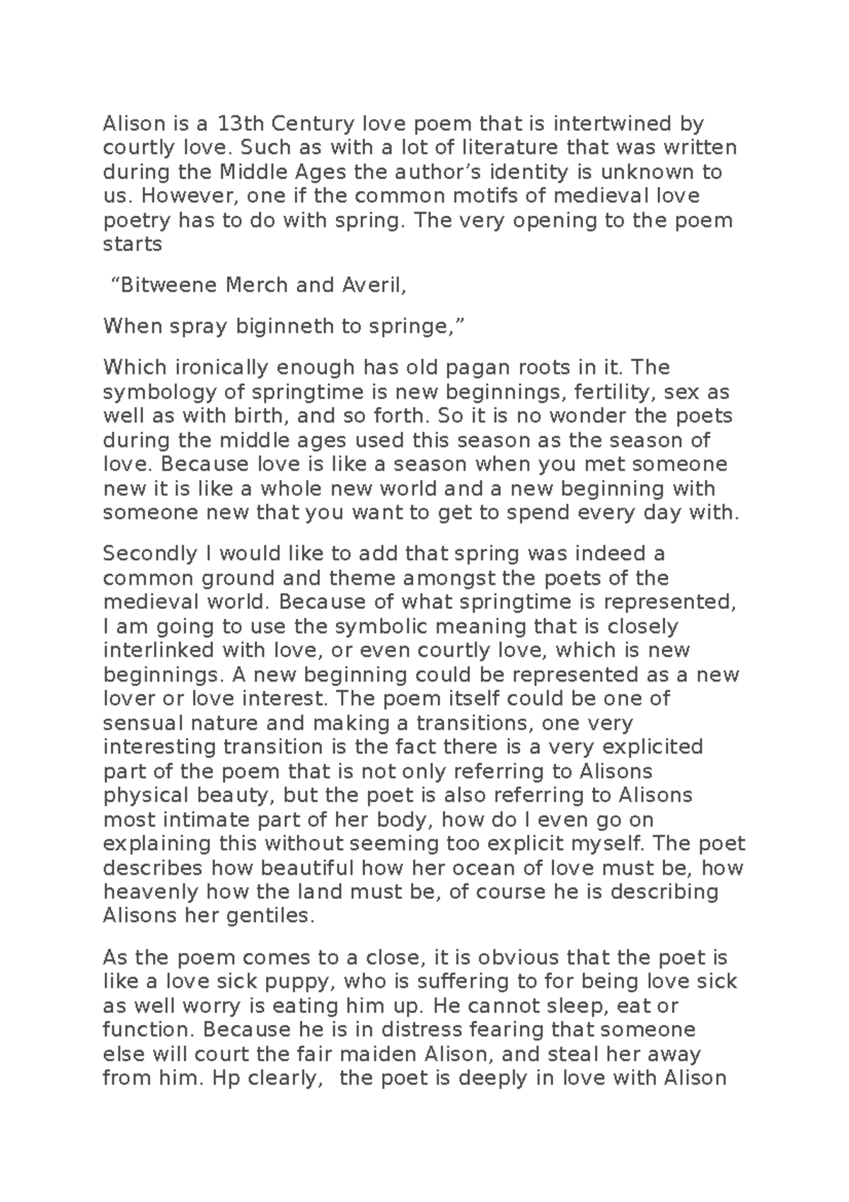 Courtly love poetry - Alison is a 13th Century love poem that is ...