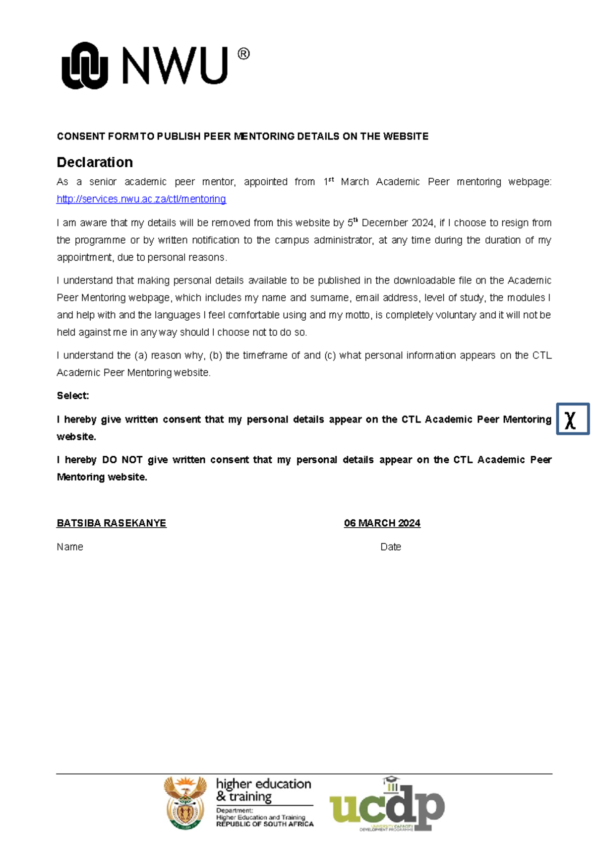 Peer mentoring 2024 Consent Form - CONSENT FORM TO PUBLISH PEER ...