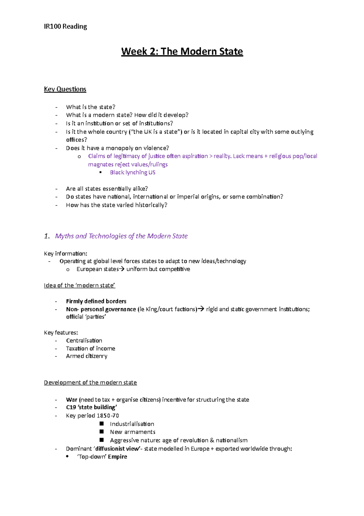 Week 2 The Modern State - Week 2 reading notes for IR100. - Week 2: The ...