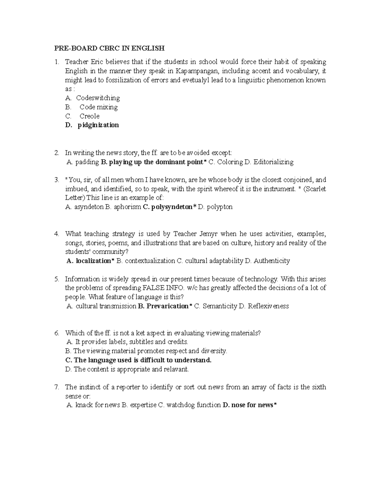 Drills English MS. KIM - PRE-BOARD CBRC IN ENGLISH Teacher Eric ...