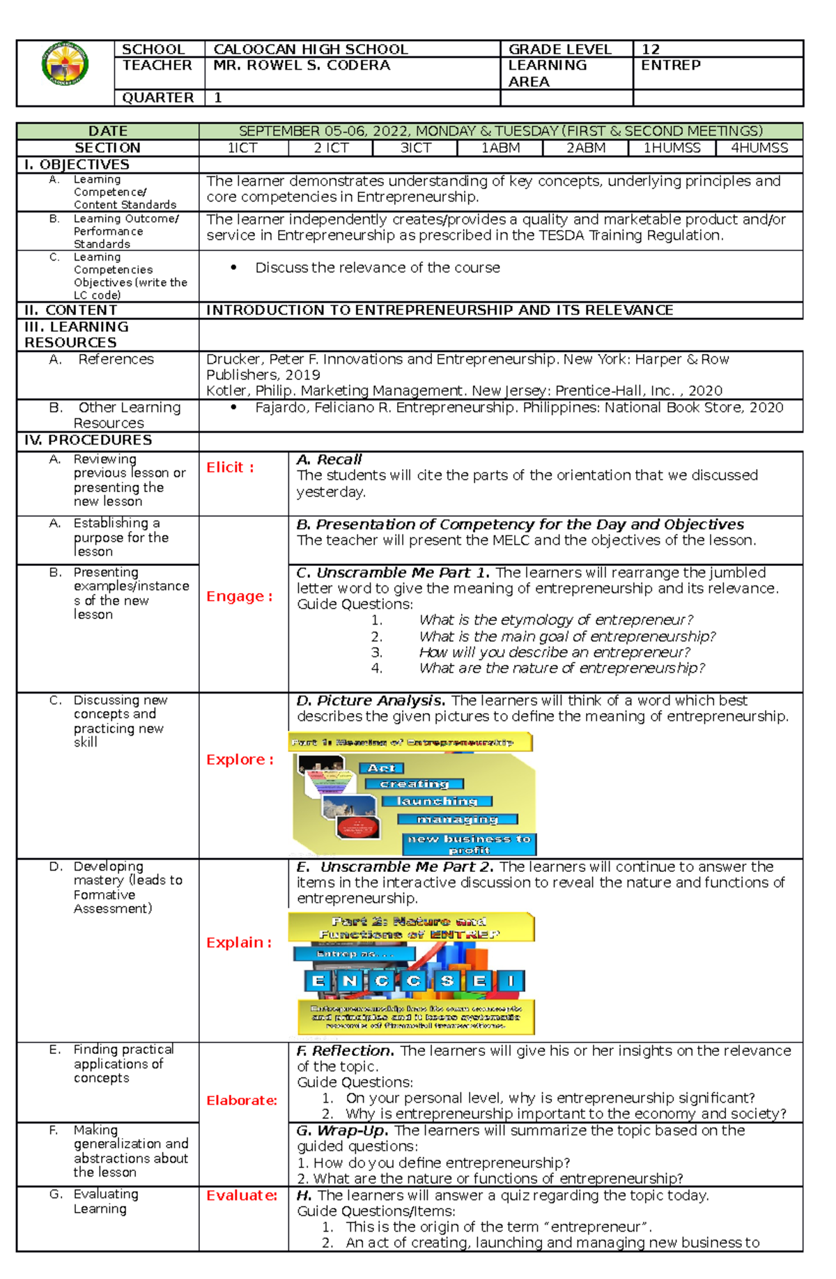 Daily Lesson PLAN Entrep - SCHOOL CALOOCAN HIGH SCHOOL GRADE LEVEL 12 ...