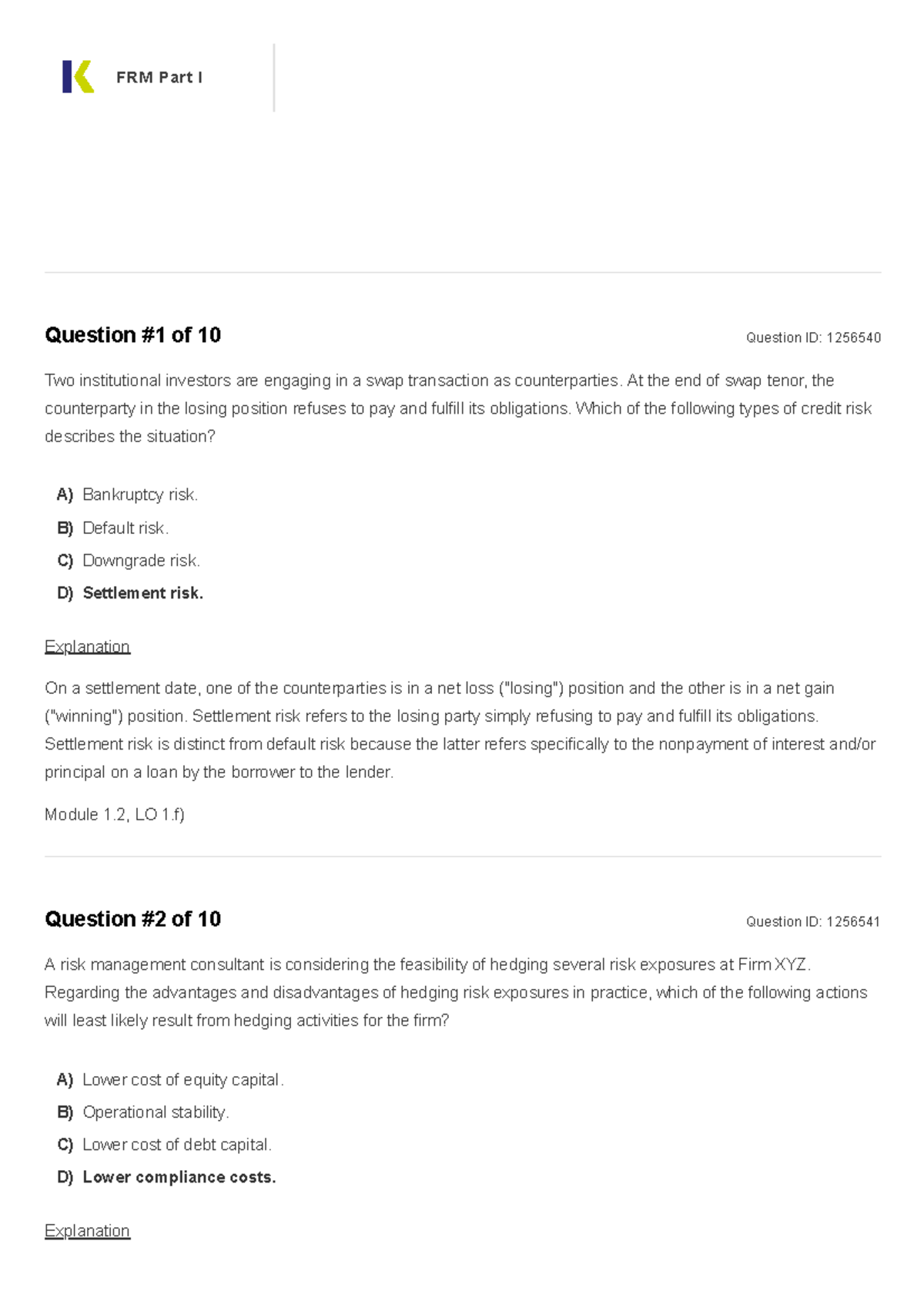 1. Foundations of Risk Management - Answers Practice Question External ...