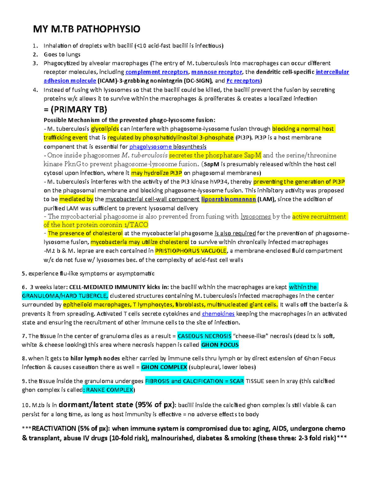 MY M.TB Pathophysiodocx - MY M PATHOPHYSIO Inhalation of droplets with ...