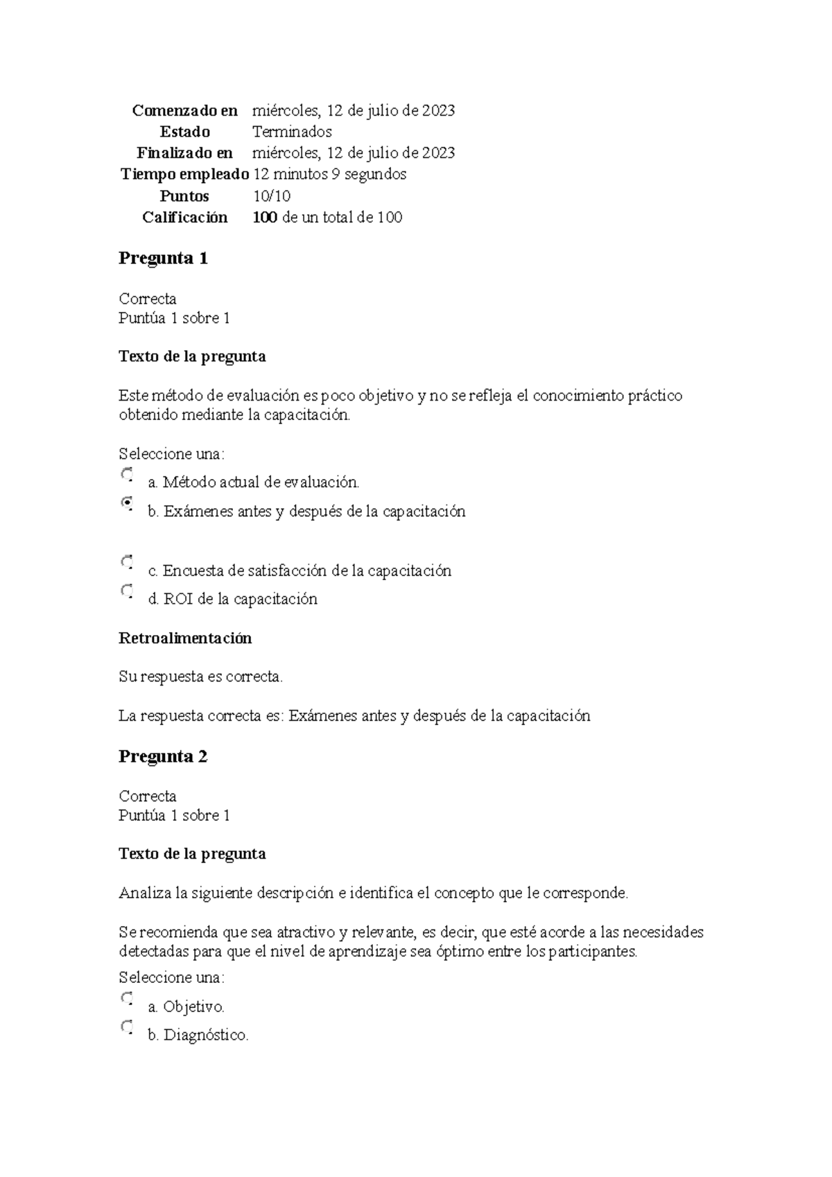 Examen 2 Capacitación DEL Personal - Comenzado en miércoles, 12 de julio de 2023 Estado ...