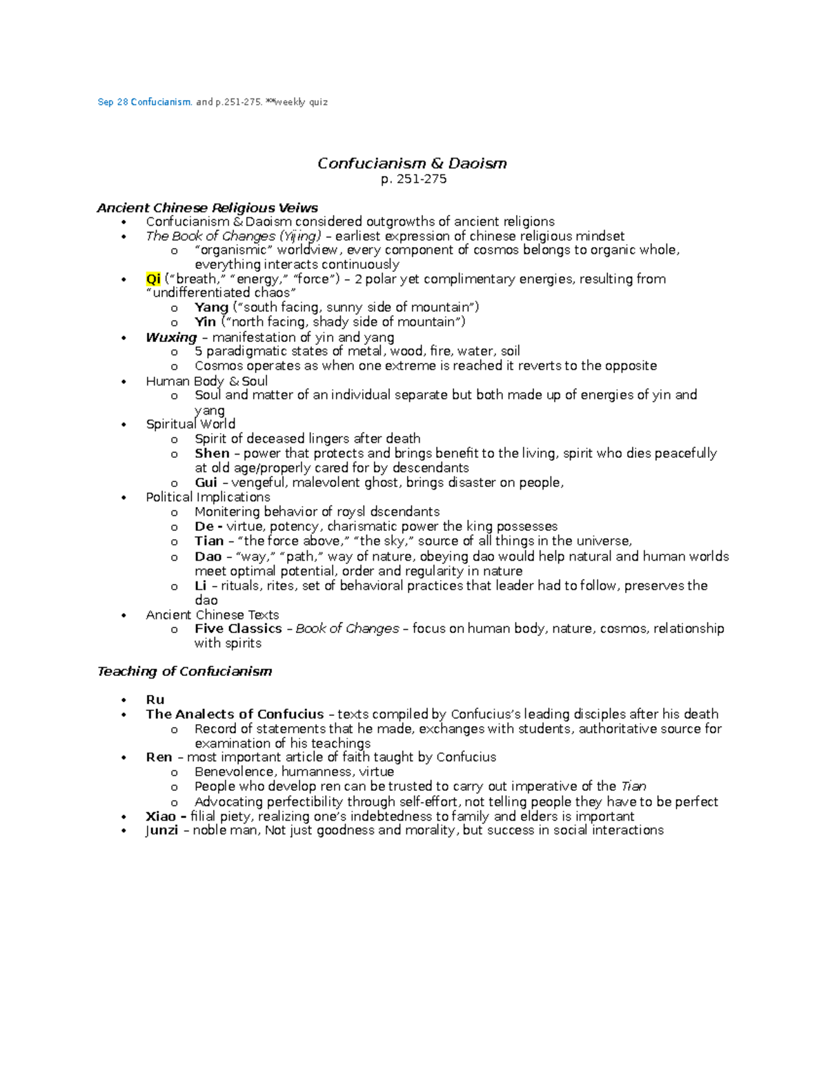 Confucianism - Reading Notes - Sep 28 Confucianism. and p-275. **weekly ...