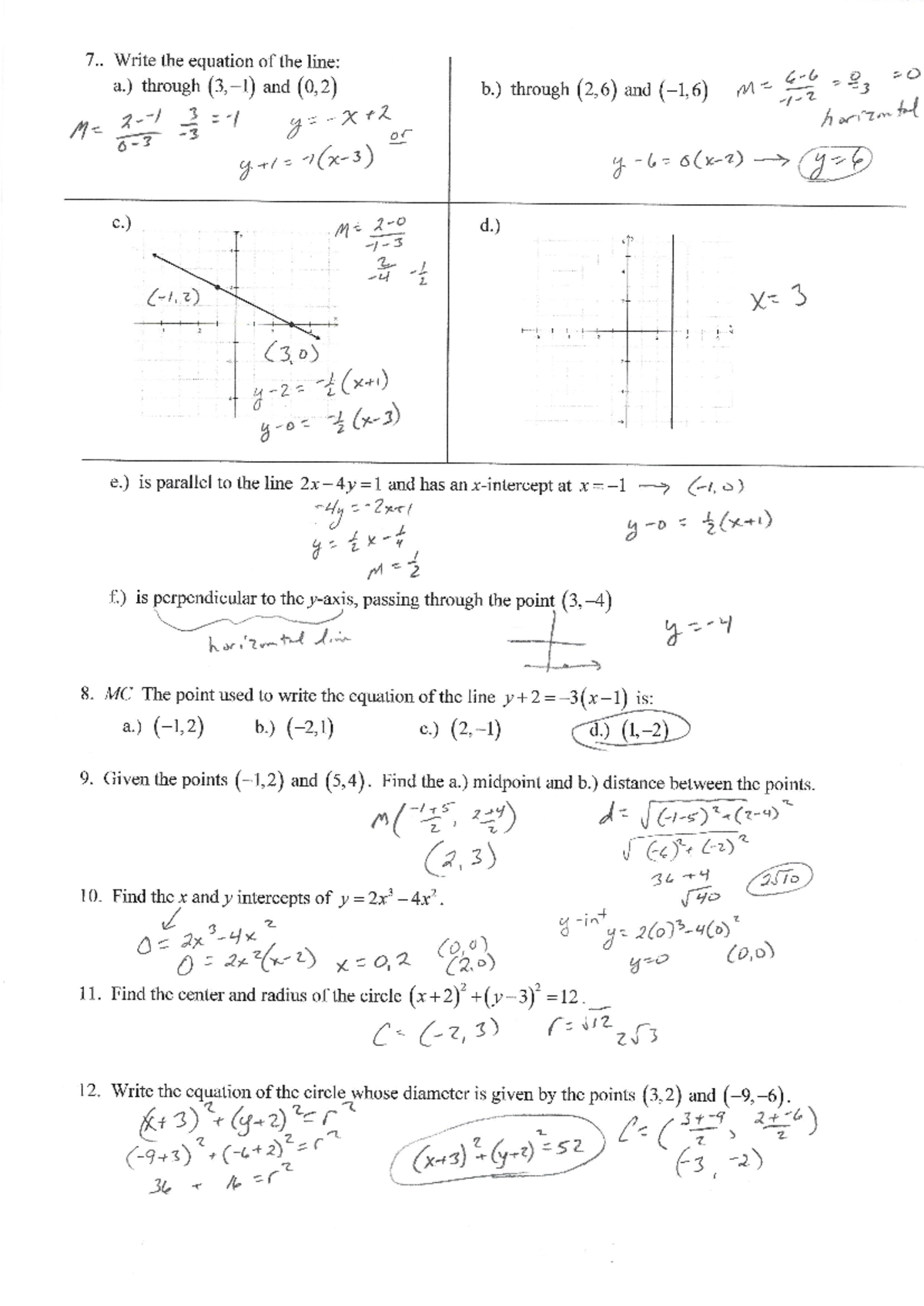 WS 1.4 back - worksheet done in class - 7.. Write the equation of the ...