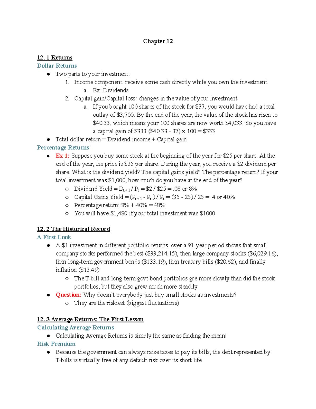 Finance Sheet Chapter 12 - Chapter 12 1 Returns Dollar Returns Two ...